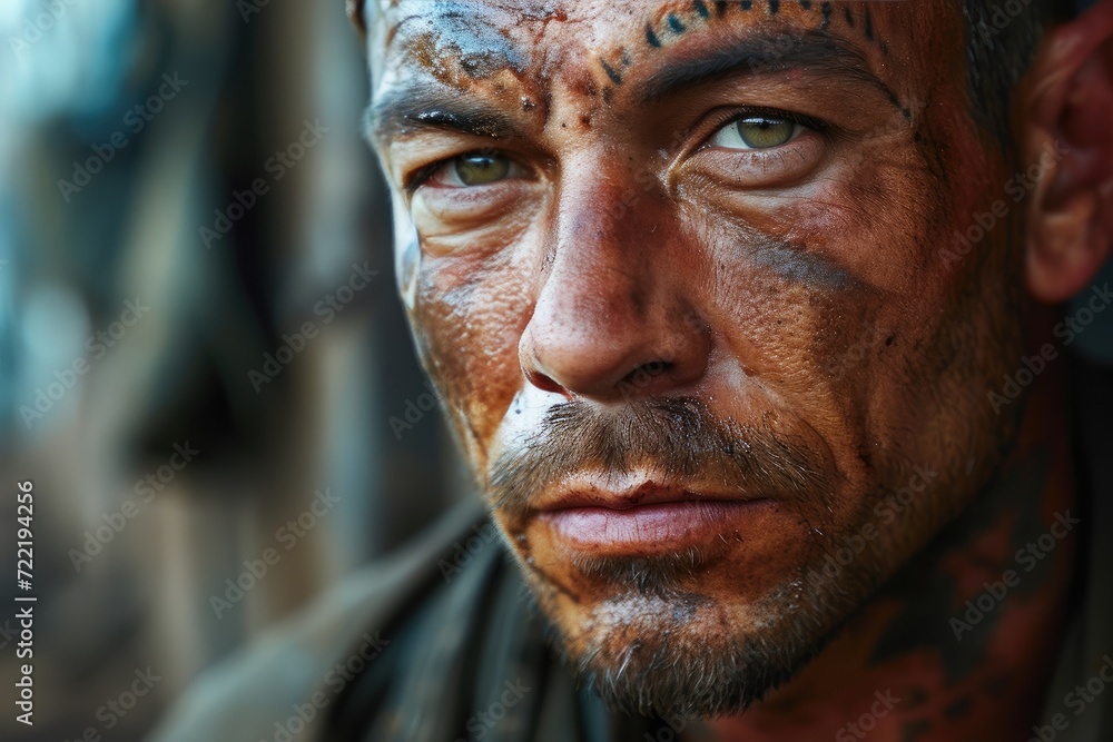 A rugged man with piercing green eyes and a weathered face gazes out ...