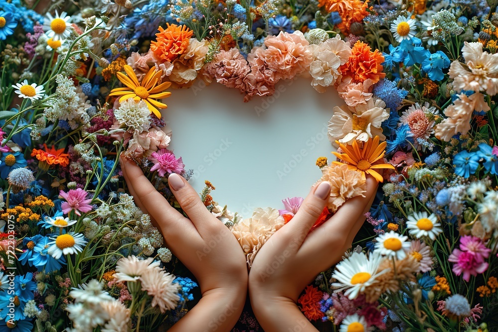 Zoom in on hands arranging a heart-shaped frame of flowers around a ...