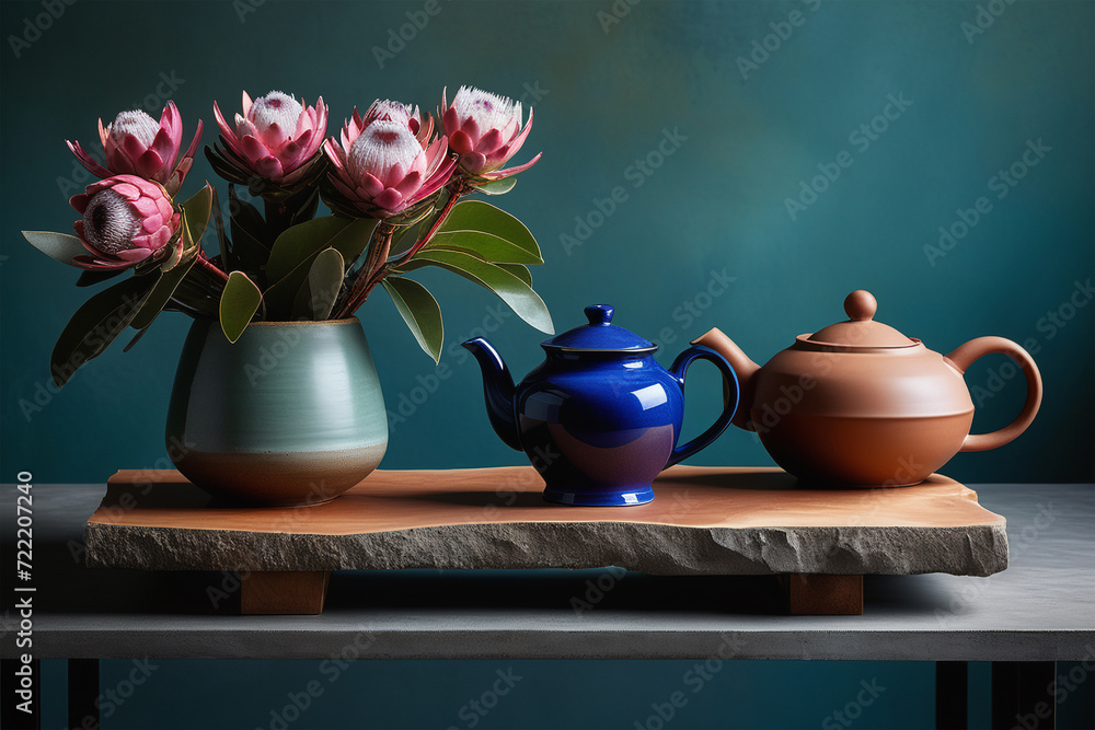 Ceramic vase with bouquet of proteas and ceramic teapots. Minimalist ...