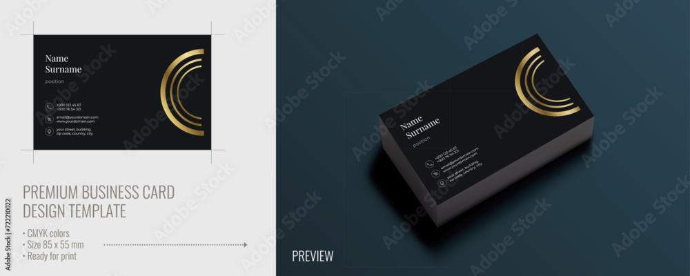 Vector business card design with black background and golden arc ...