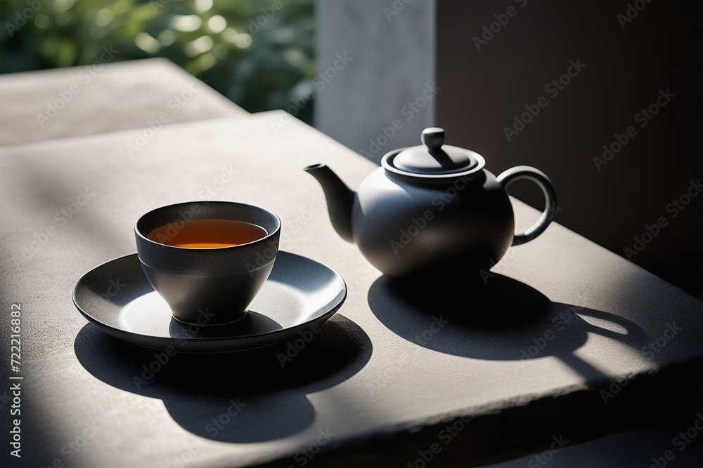 Stylish minimalist still life with teapot and cup on concrete ...