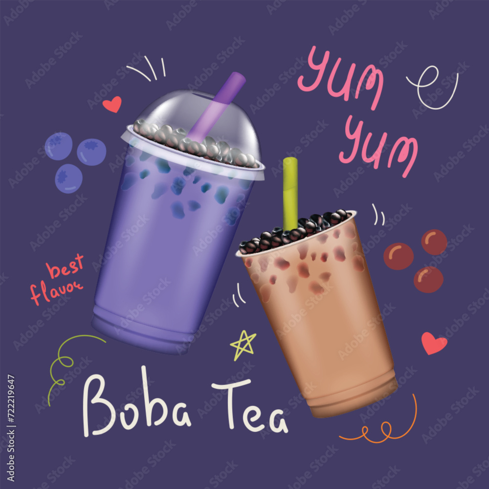 Realistic Detailed 3d Bubble Milk Tea Set Cold Summer Beverages Asian ...