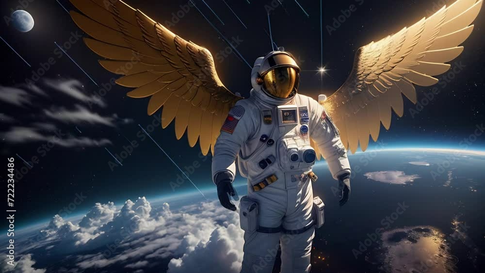 Astronaut with golden wings in a spacesuit flies in deep space ...