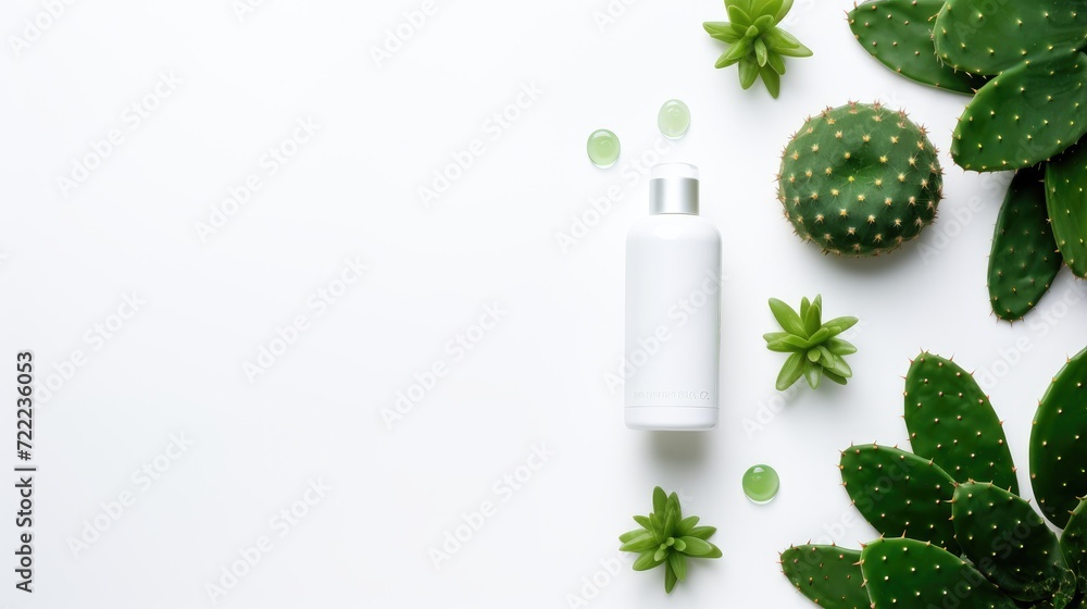Flat lay composition of cactus skin care product and cactus plant on ...