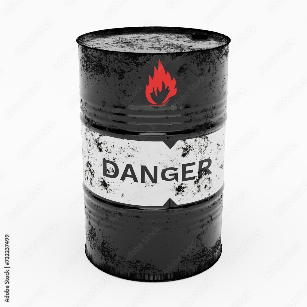 Metal black rusty barrel with flammable liquid. The barrel is labeled ...