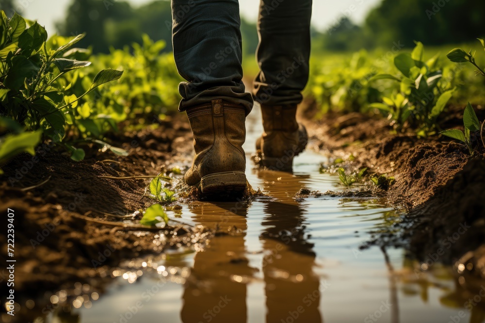 Amidst the lush greenery, a solitary figure stands still, their boots ...