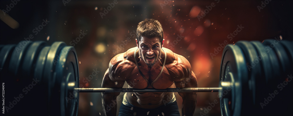 Focused Bodybuilder in Red Tank Top Gripping Barbell in Gym Setting ...