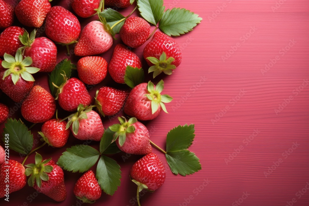 Vibrant and nutrient-packed alpine strawberries gather on a red surface ...
