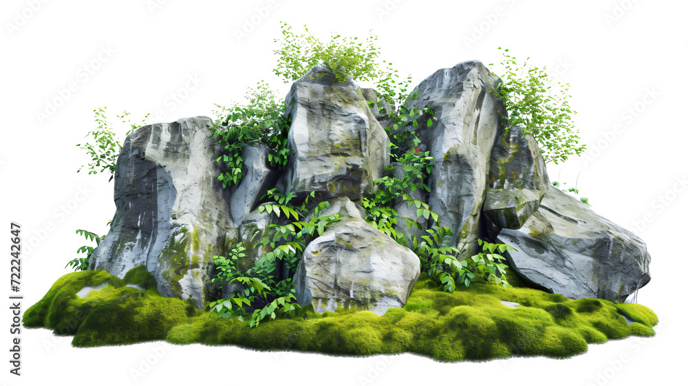 Large rocks with overgrown foliage and moss, plants and foliage around ...