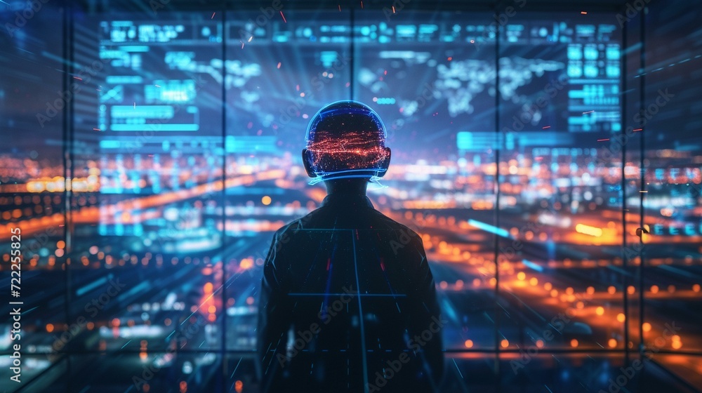 A Futuristic Depiction Of Air Traffic Control Featuring An Air Traffic Controller Using