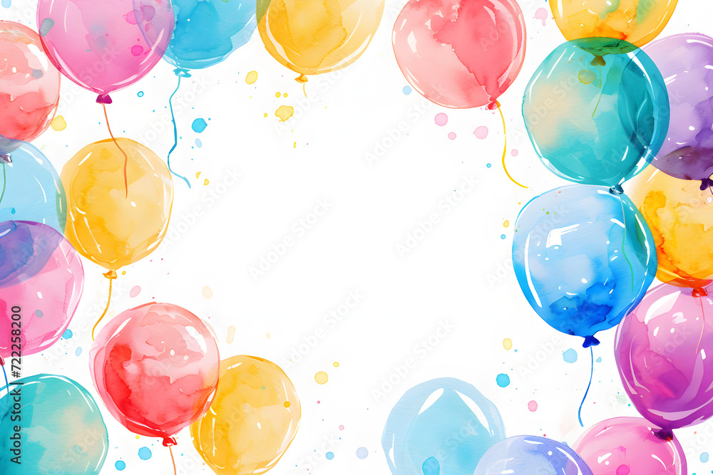 Cute cartoon colorful balloons frame border on background in watercolor ...