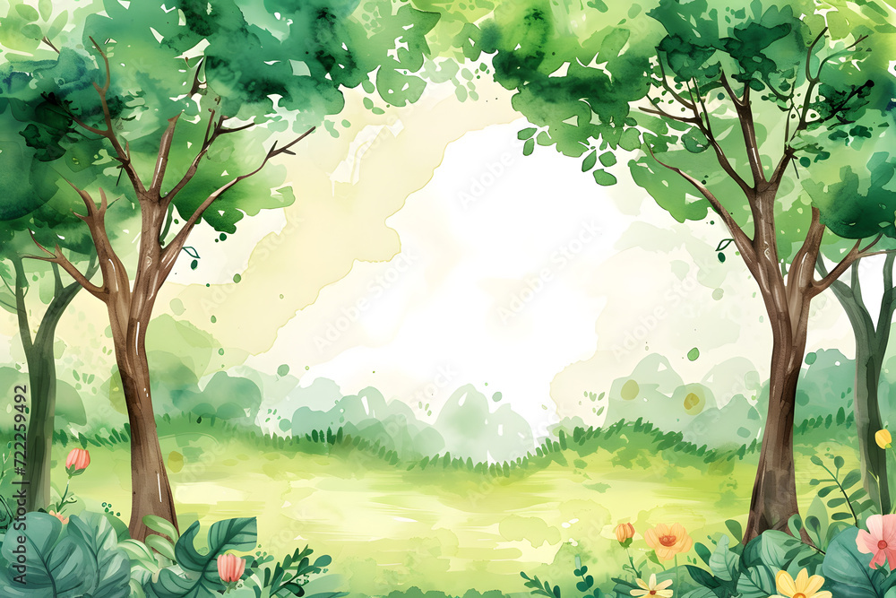 Cute cartoon tree and landscape frame border on background in ...