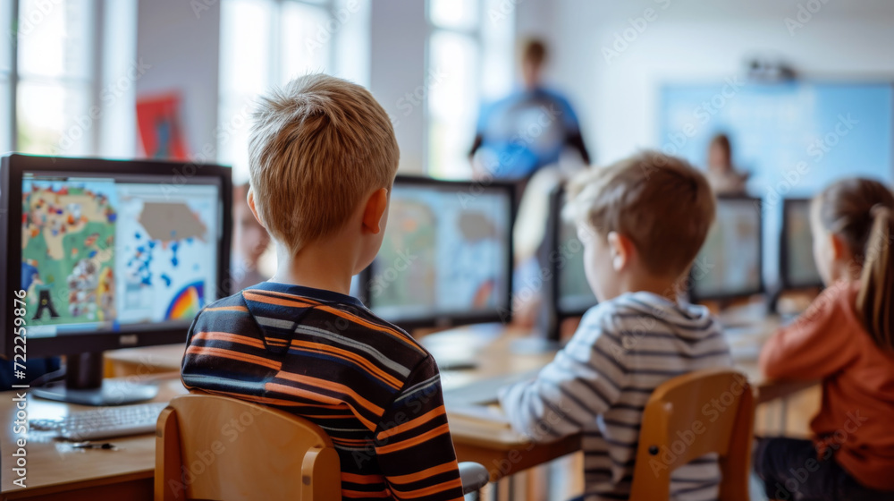 child from behind, focused on a computer screen during a computer class ...