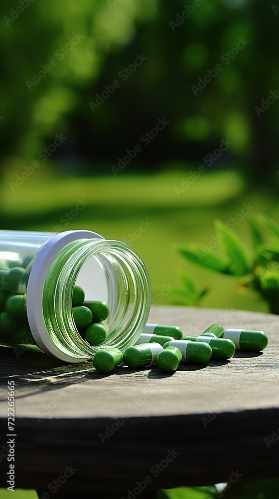 Vertical close-up view of green pills, capsules, vitamins and a pill ...