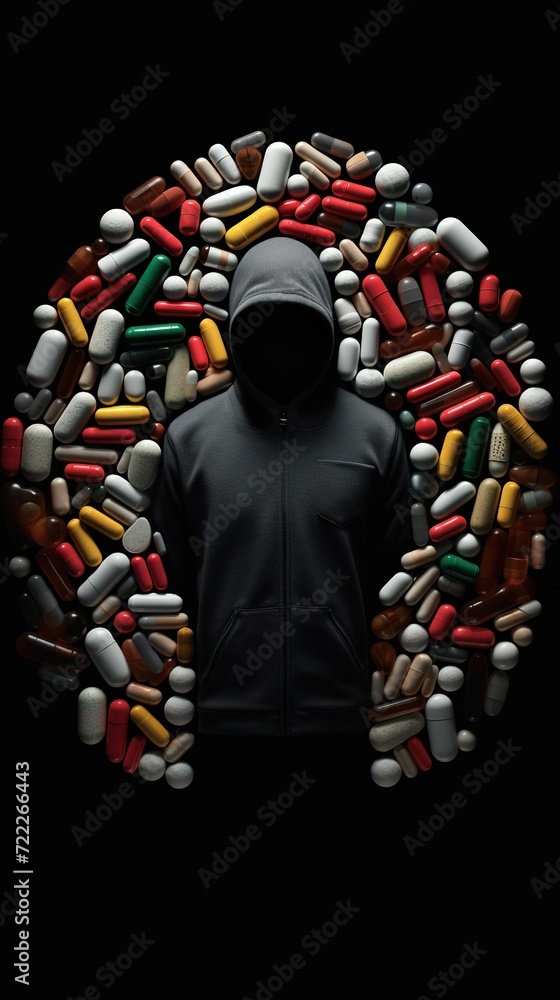 A silhouette of a person in a hood a drug dealer on a backdrop of ...