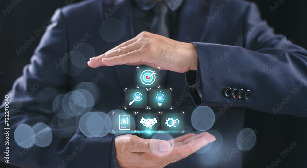Business target, goal concept. Businessman hand, bullseye arrow, team ...