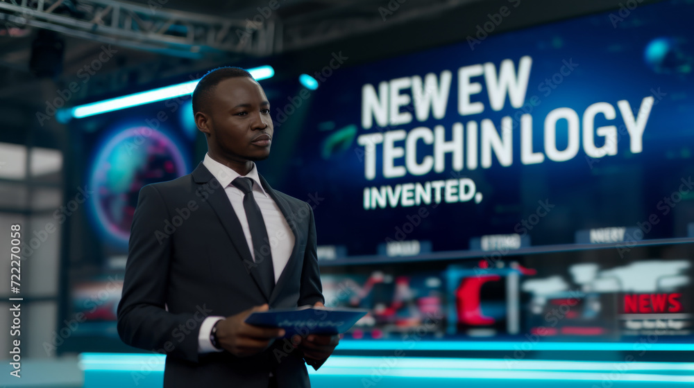 professional news anchor in a suit, holding a tablet and standing in ...