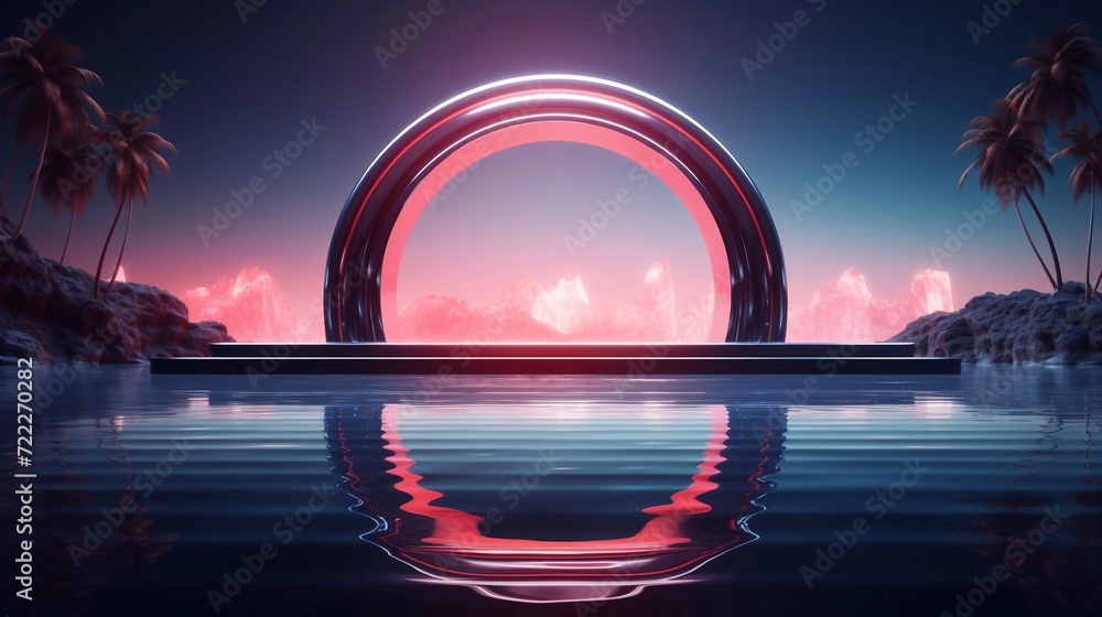 3d render neon glassmorphism and glow arch frame and Empty podium ...