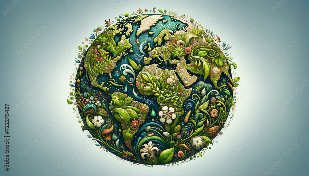 An intricate illustration of a world globe made of diverse flora and ...