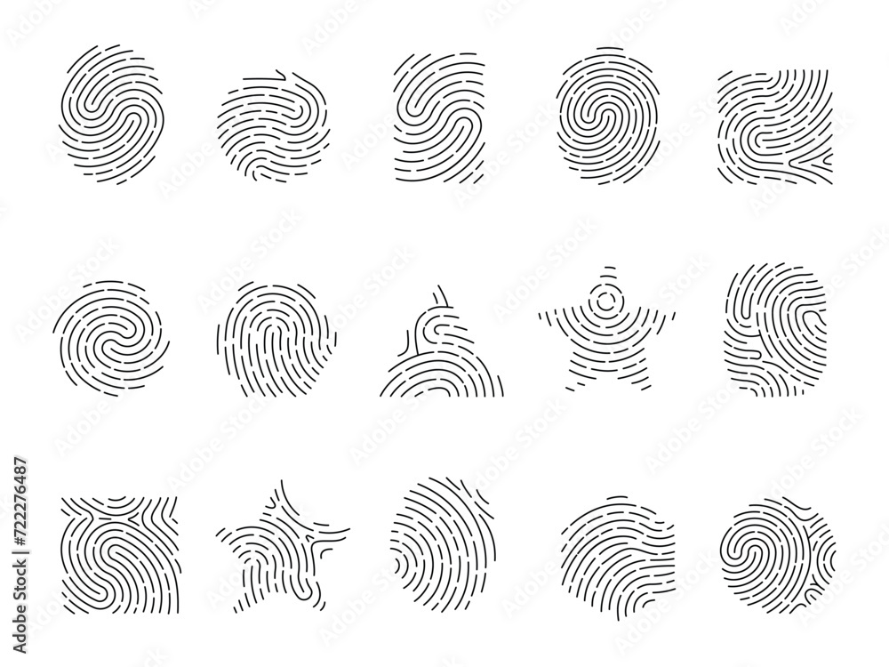 Fingerprint different shapes. Lined fingerprints icons in star, round, triangle shape. Isolated ...