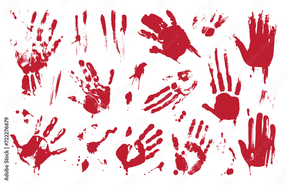 Blood handprints. Stains of bloods, bloody fingerprints and palm prints ...