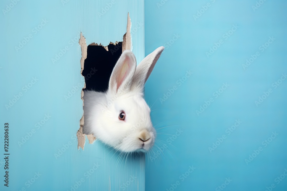 Bunny looking in wall blue hole. White rabbit face arises in building ...