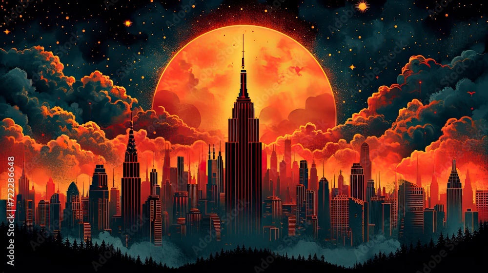 Art Deco Background. Cityscape at night with the red moon. Stock ...