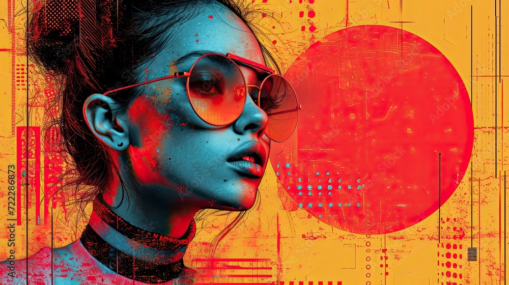 The face of an early 2000s woman, bold colors, digital elements and ...