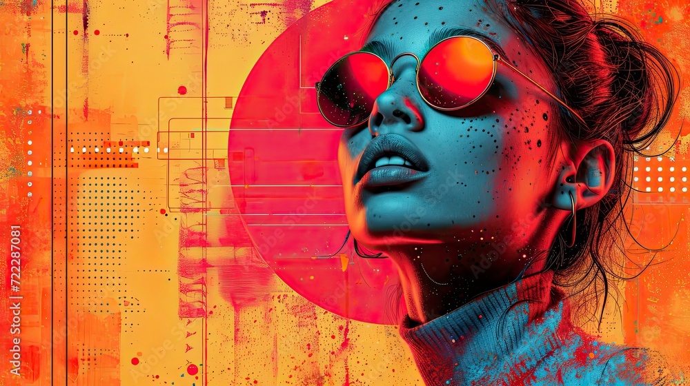 The face of an early 2000s woman, bold colors, digital elements and ...