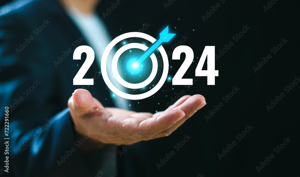 Start calendar 2024 plan concept. Businessman show global network with ...