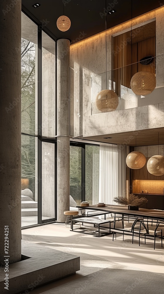 All furniture behind the windows, low level camera angle, huge window ...