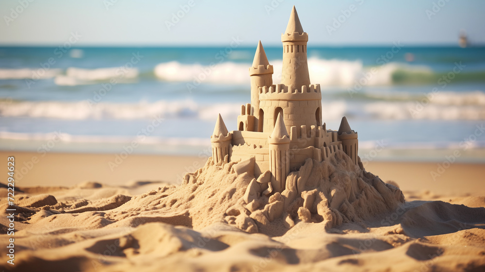 Sand castle on the beach, intricate sand structure, concept for higher ...