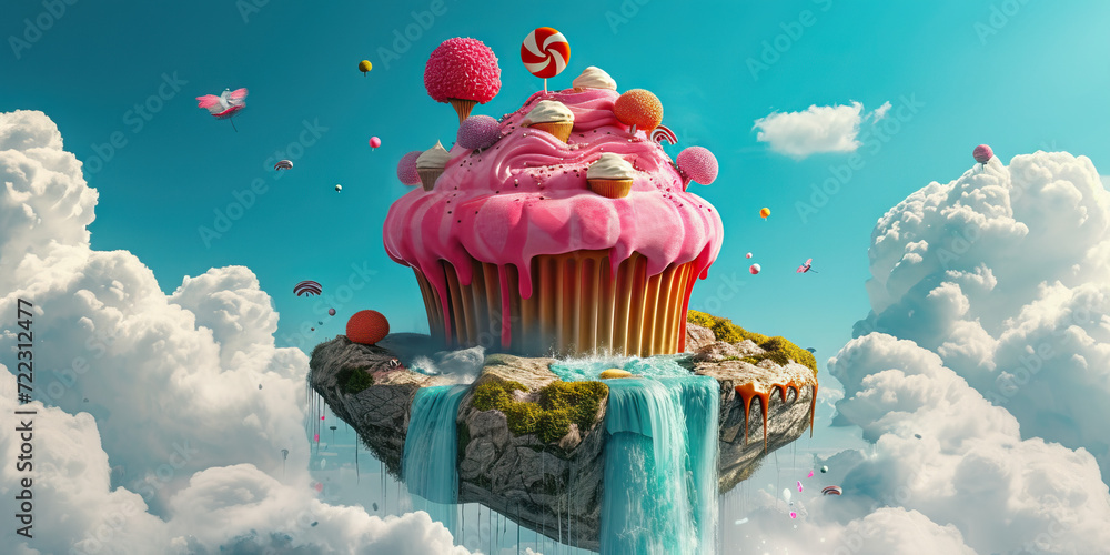 Whimsical Dessert Paradise. Floating Island Shaped like a Giant Cupcake ...