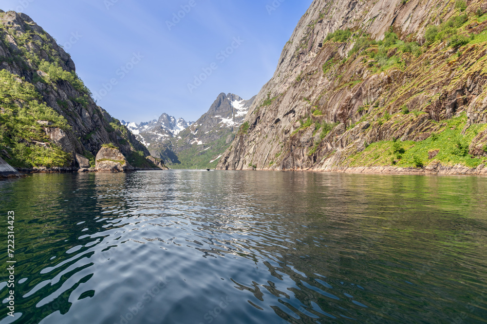 Sunlight dapples Trollfjorden's water, highlighting the vibrant green ...