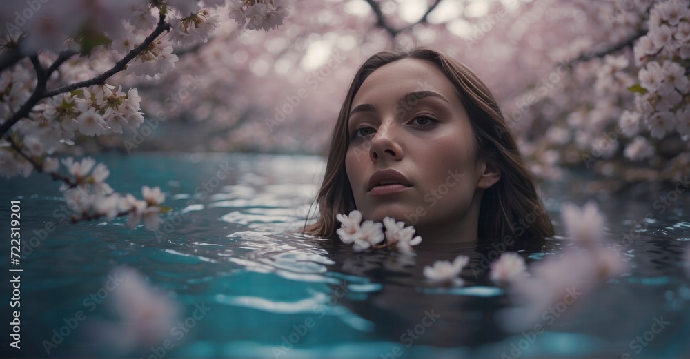 Blossom immersion 8K ultra depiction of a girl submerged underwater ...