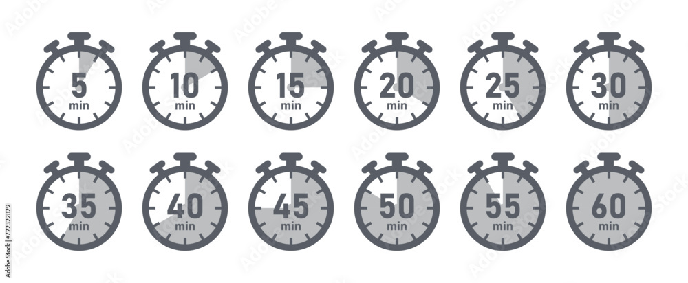 5-minute time counter concept set of clocks or stopwatches vector image ...