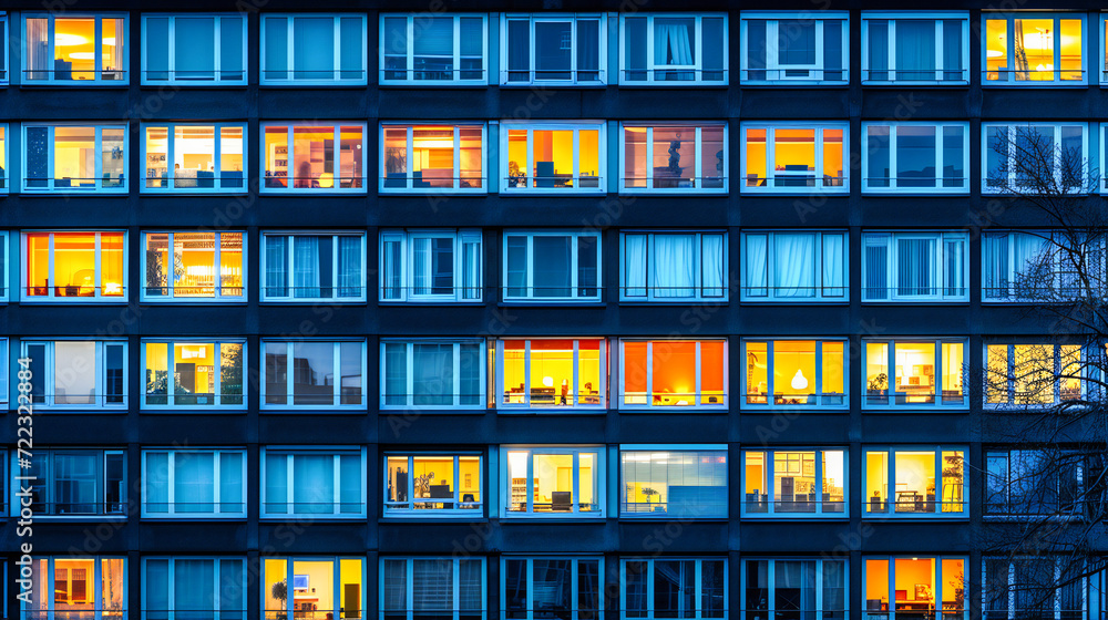 Nighttime City Window View: Illuminated Urban Apartment Building with ...