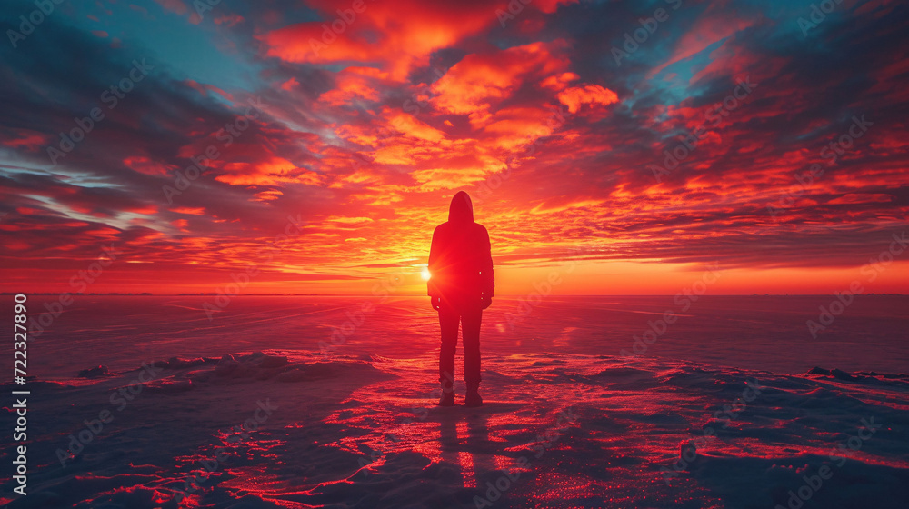 Feelings of hope, power and freedom in nature. Young man standing in a ...