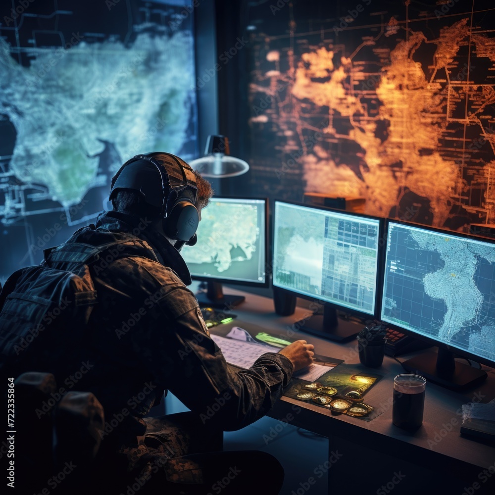 Tactical Expertise, Soldier Working in the War Room with Maps and ...