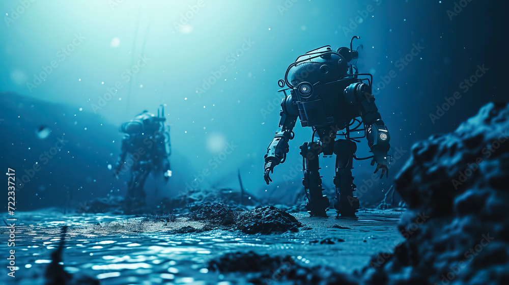 Mecha robots in conducts research in an underwater cave - AI Generated ...