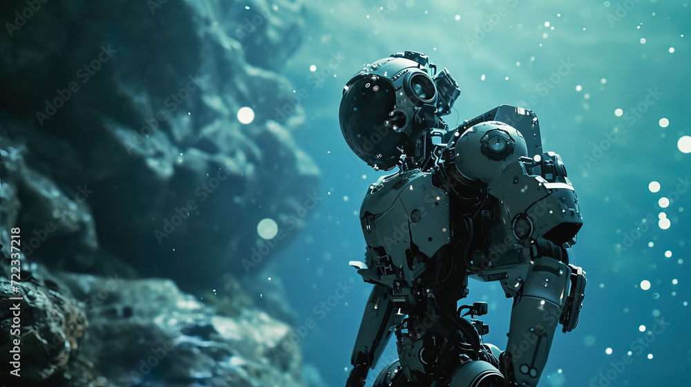 AI robot swim to deep underwater exploration and monitoring sea bottom ...