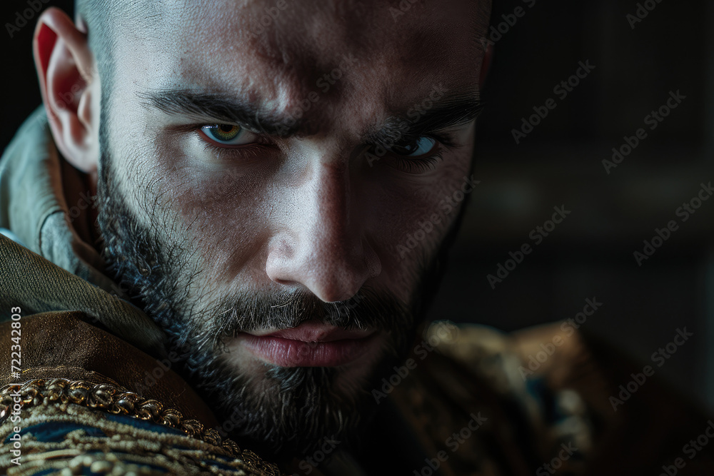 Captured in a striking portrait, a man with a thick beard and mustache ...