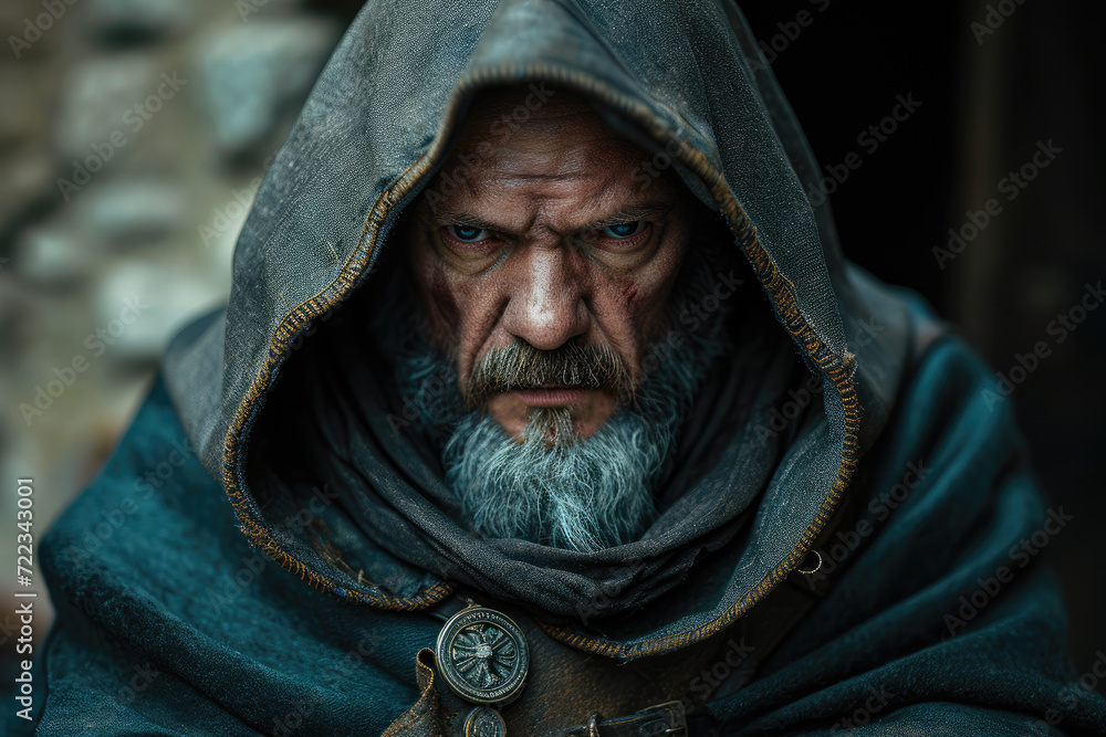 A mysterious figure shrouded in a hooded cloak, the weathered face of a ...