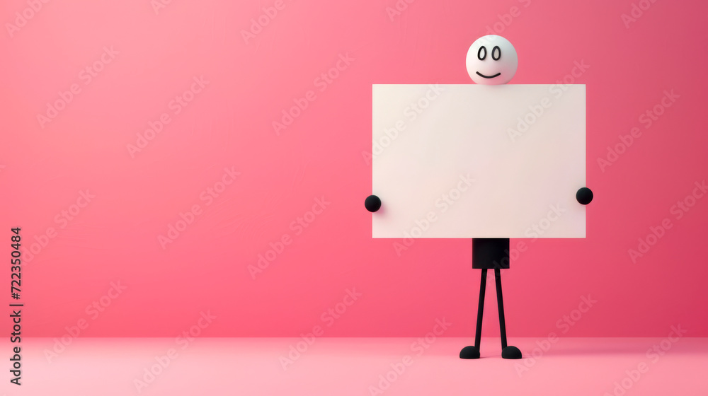 Smiley stickman character holding a blank white sign against a pink ...