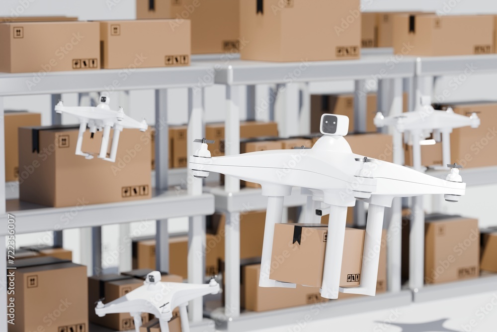 3D Robot Drones carry express packages in warehouses. Packages are ...