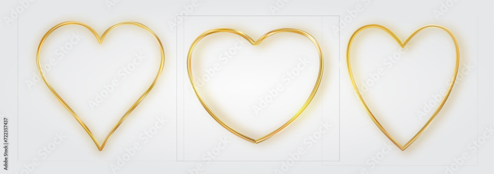 Thin gold heart frame set. Golden realistic heart border. Luxury symbol ...