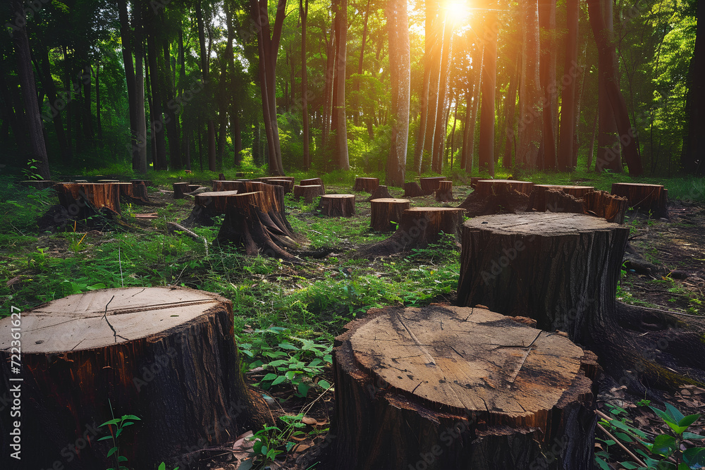 Numerous tree stumps in a summer forest, indicative of deforestation ...