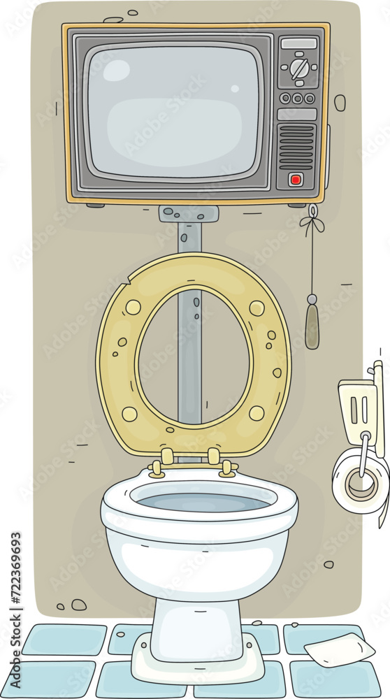 Old dirty toilet with an outdated TV box instead of a flushing cistern ...