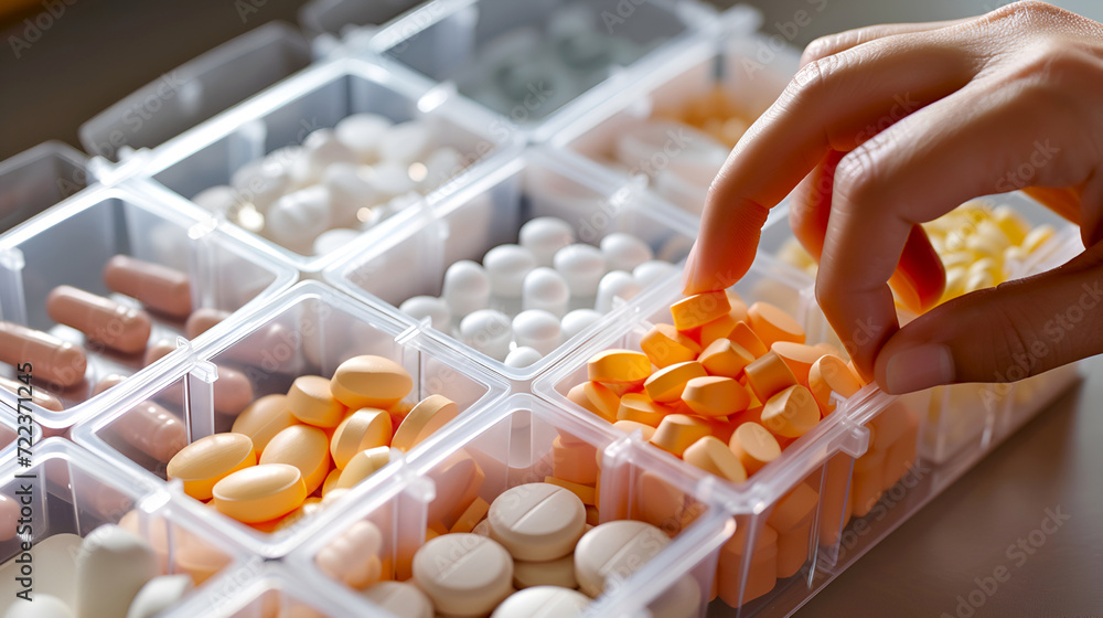Hand selecting pills from a pill organizer. Organizing medication in a ...