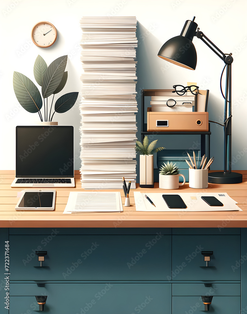 Modern Workstation Setup with Laptop and Paper Stack on Wooden Desk ...